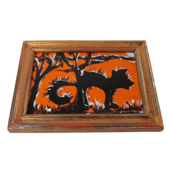 Art | Halloween Art Painting Scary Black Cat Acrylic Framed Signed Mary ...